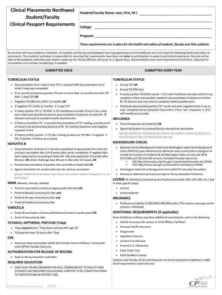 Fillable Online Clinical Placements Northwest Student/Faculty Clinical Passport Requirements ...