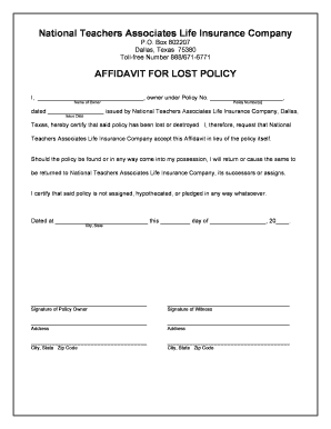 Fillable Online AFFIDAVIT FOR LOST POLICY - NTA Life Home Fax Email ...