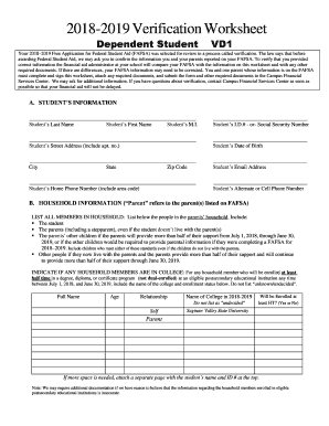 Fillable Online 2018-2019 Verification Worksheet - SVSU Fax Email Print ...