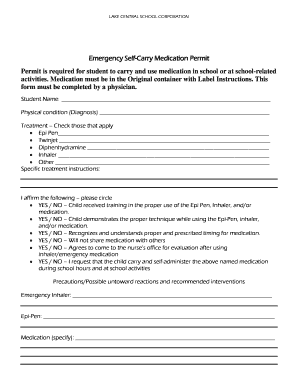 Fillable Online Self Administer Medication Form - Lake Central School ...