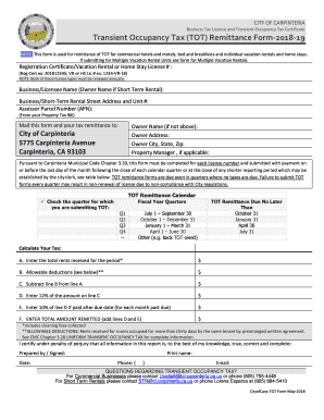 Fillable Online Transient Occupancy Tax (TOT) Remittance Form-2018-19 ...