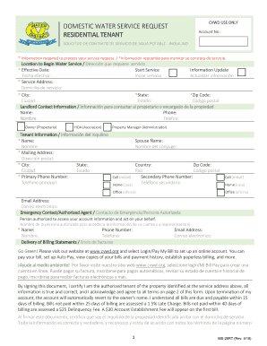 Fillable Online domestic water service request residential tenant ...