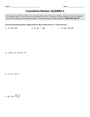 Fillable Online Cumulative Review: ALGEBRA 2 Fax Email Print - pdfFiller