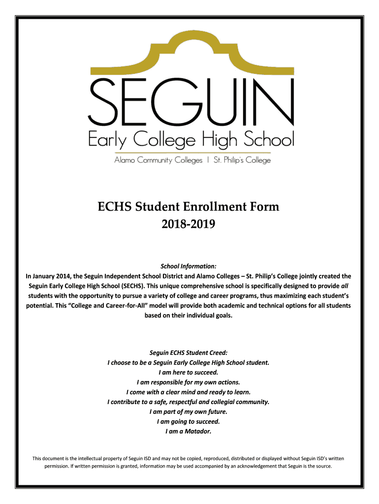 Fillable Online ECHS Student Enrollment Form 2018-2019 - Seguin ISD Fax ...