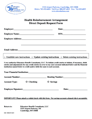 Fillable Online Health Reimbursement Arrangement Direct Deposit Request Fax Email Print - pdfFiller