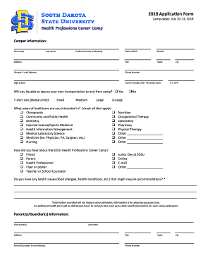 Fillable Online 2018 Application Form - South Dakota State University ...