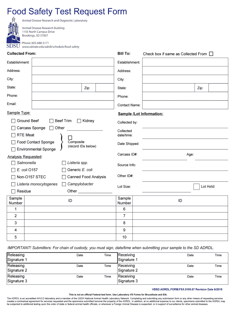 Fillable Online Food Safety Test Request Form. Food Safety Form Fax ...