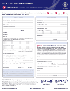 Fillable Online financial kaplan co ACCA - Live Online Enrolment Form ...