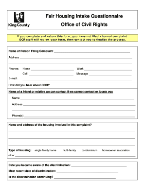 Fillable Online Fair Housing Intake Questionnaire Office of Civil ...
