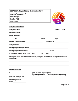 Fillable Online 2017 CCS Volleyball Camp Registration Form Fax Email ...