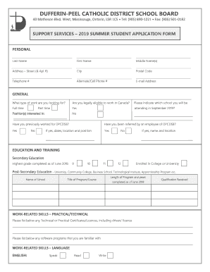 Fillable Online 2019 SUMMER STUDENT APPLICATION FORM - dpcdsb.org Fax ...