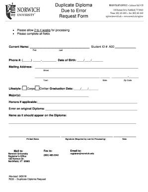 Fillable Online Duplicate Diploma Due to Error Request Form - norwich ...