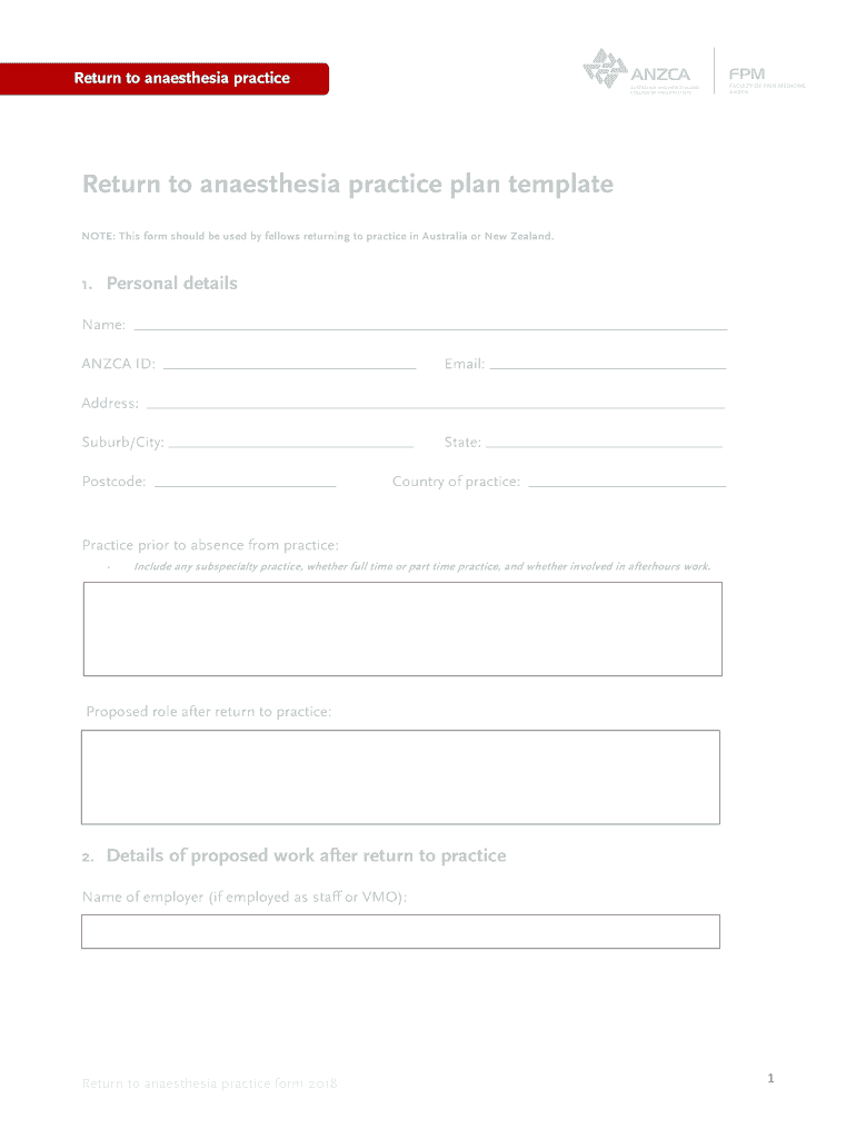 Fillable Online Return to anaesthesia practice plan template.docx Fax ...