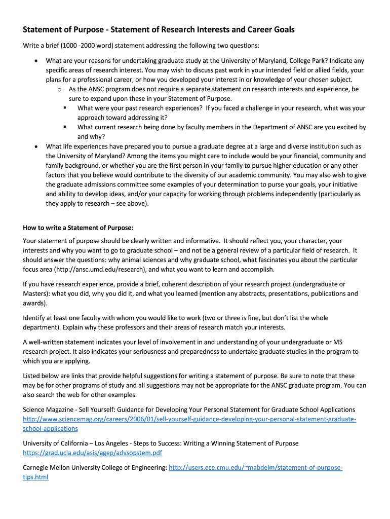Fillable Online ansc umd Statement of Purpose - Animal & Avian Sciences ...