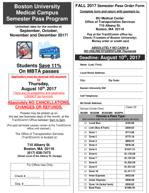 Fillable Online Boston University FALL 2017 Semester Pass Order Form ...