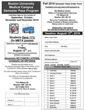 Fillable Online Boston University Fall 2016 Semester Pass Order Form ...
