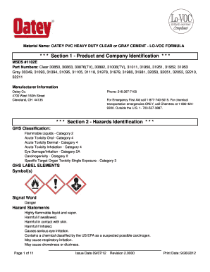 Fillable Online Material Name: OATEY PVC HEAVY DUTY CLEAR or GRAY ...