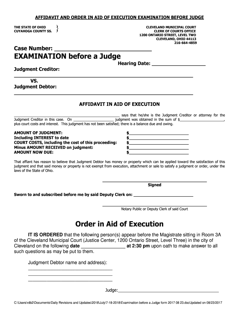 Fillable Online AFFIDAVIT AND ORDER IN AID OF EXECUTION EXAMINATION ...