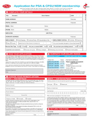 Fillable Online Application for PSA & CPSU NSW membership Fax Email ...