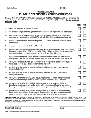 Fillable Online 2017-2018 DEPENDENCY VERIFICATION FORM Fax Email Print - pdfFiller