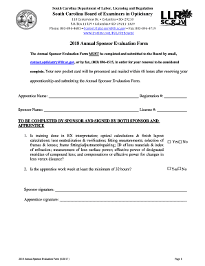 Fillable Online 2018 Annual Sponsor Evaluation Form - llr.sc.gov Fax ...