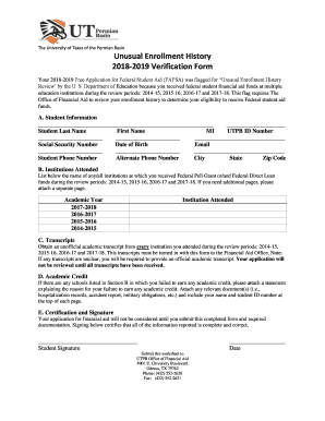 Fillable Online Unusual Enrollment History 2018-2019 Verification Form - UTPB Fax Email Print ...