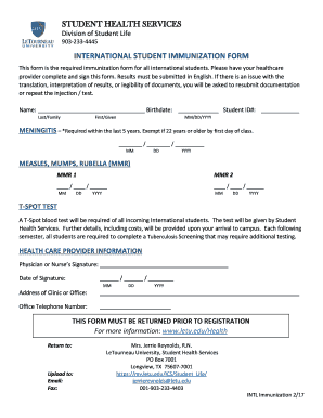 Fillable Online INTERNATIONAL STUDENT IMMUNIZATION FORM - letu.edu Fax ...