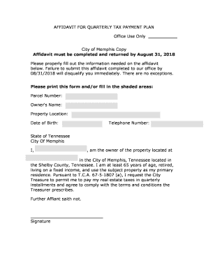 Fillable Online AFFIDAVIT FOR QUARTERLY TAX PAYMENT PLAN Fax Email ...