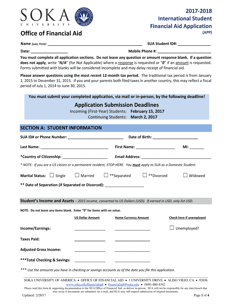 Fillable Online 2017-2018 International Student Financial Aid ...