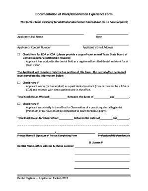 Fillable Online 2019 TCC Dental Hygiene Program Work/Observation Experience Form Fax Email Print ...