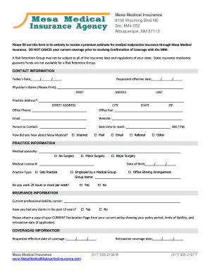 Fillable Online Application for Quotation on Medical Malpractice ...