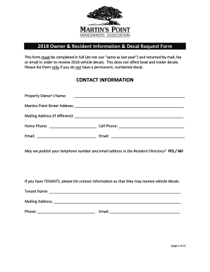 Fillable Online 2018 Owner Resident Information Decal Request Form Fax ...