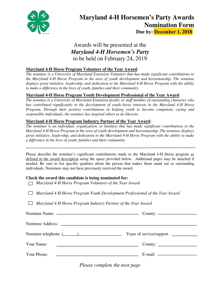 Fillable Online extension umd Maryland 4-H Horsemens Party Awards Nomination Form Fax Email ...