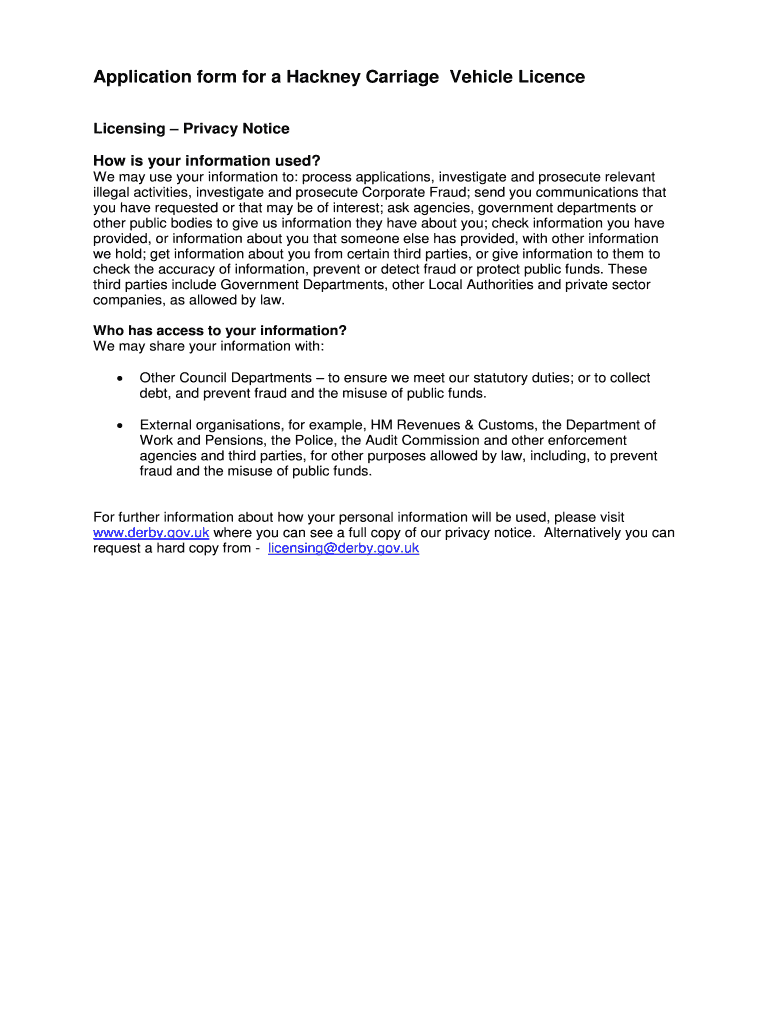Fillable Online Application form for a Hackney Carriage Vehicle Licence ...