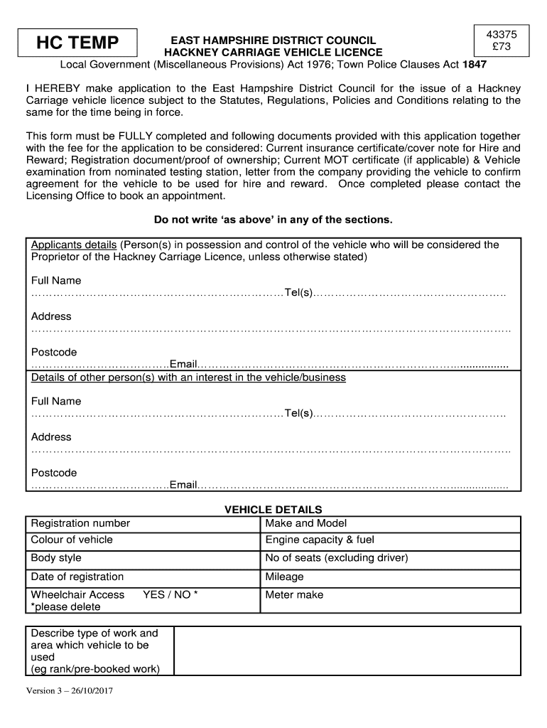 Fillable Online HC TEMP HACKNEY CARRIAGE VEHICLE LICENCE 1847 Fax Email ...