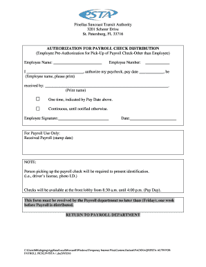 Fillable Online AUTHORIZATION FOR PAYROLL CHECK DISTRIBUTION Fax Email ...