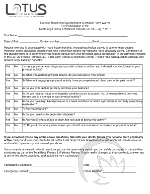 Fillable Online Exercise Readiness Questionnaire & Medical Form Waiver ...