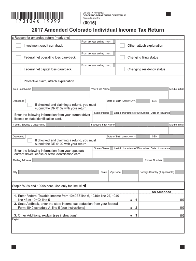 Fillable Online 2017 Amended Colorado Individual Income Tax Return Fax ...
