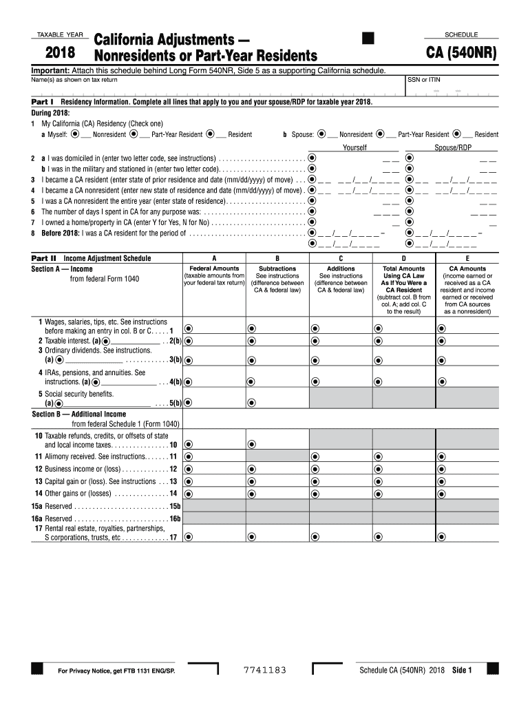 2018 Form CA FTB 540NR Schedule CA Fill Online Printable Fillable 2018 Form CA FTB 540NR Schedule CA Fill Online Printable Fillable