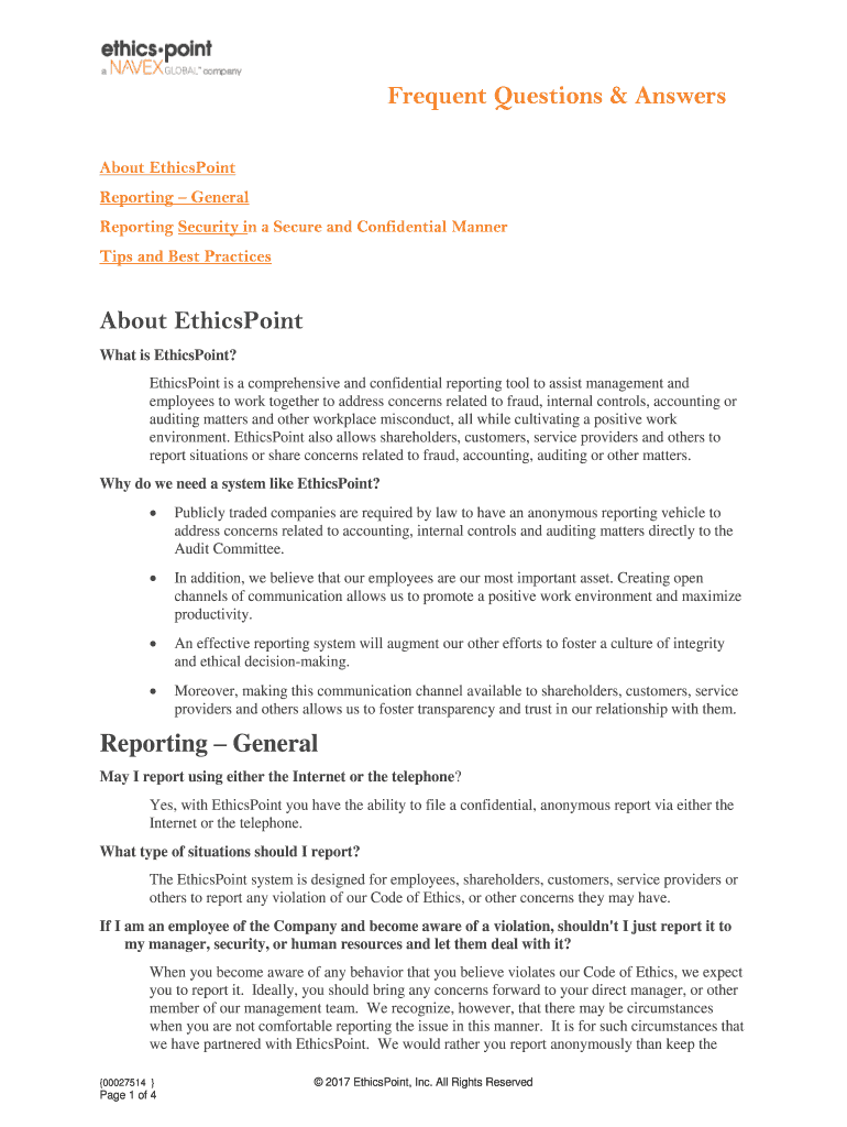 Fillable Online Q: What is EthicsPoint?EthicsPoint is a comprehensive and ... Fax Email Print ...