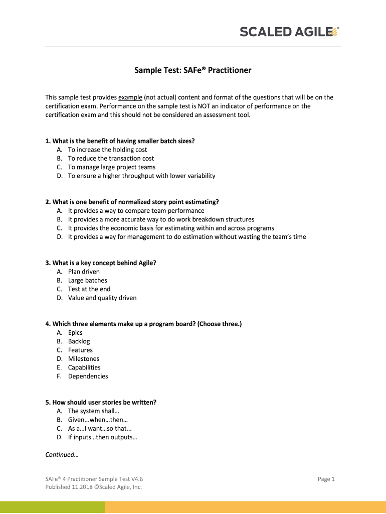 Fillable Online Sample Test: SAFe Practitioner - Scaled Agile Fax Email ...