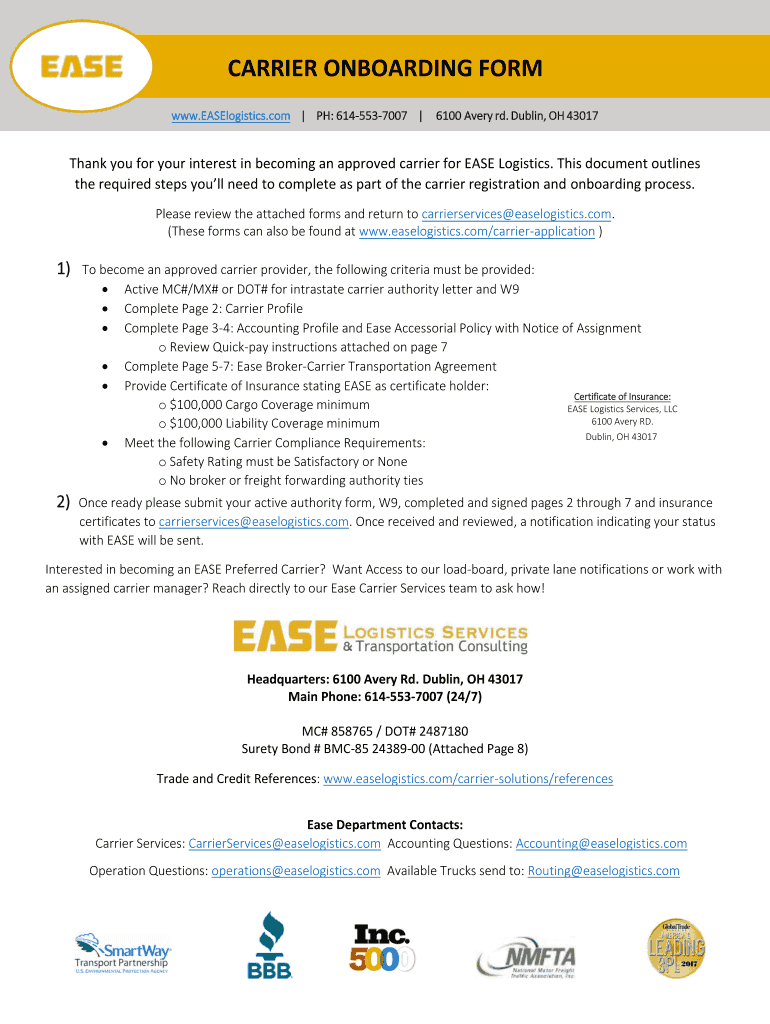 Fillable Online CARRIER ONBOARDING FORM Fax Email Print - pdfFiller