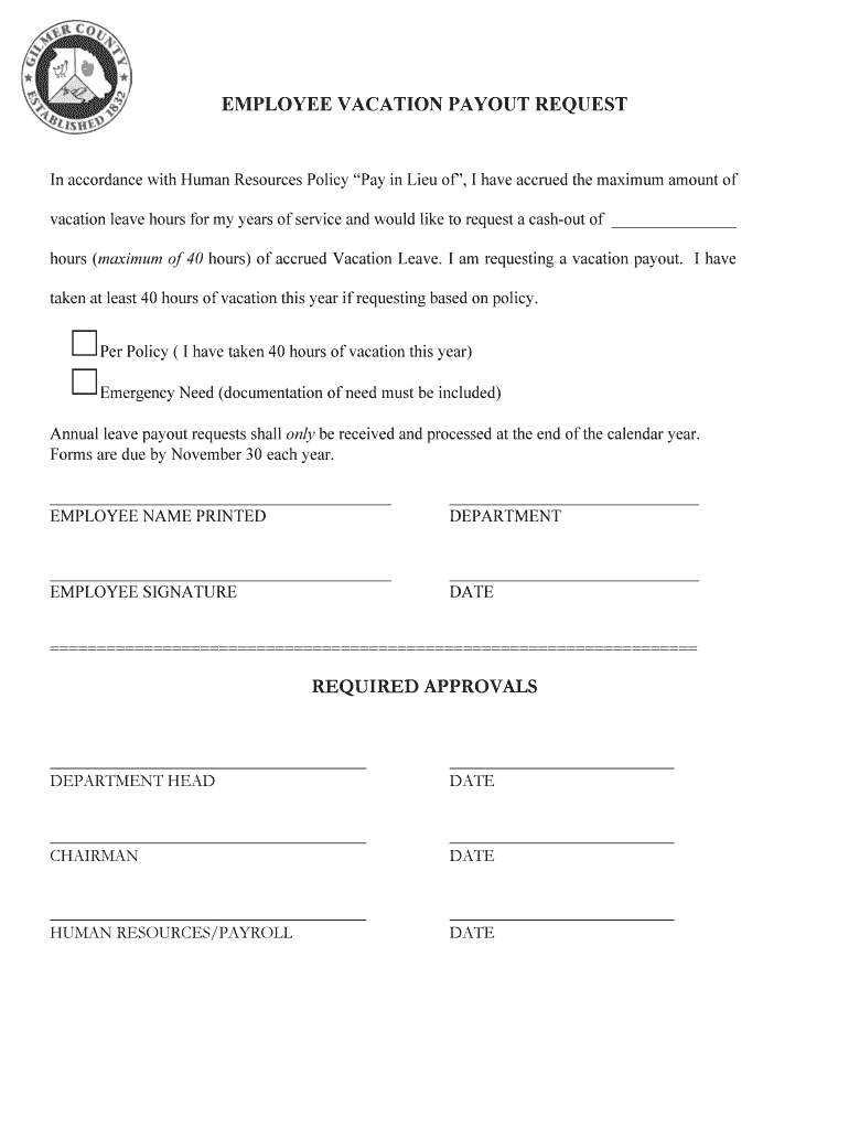 Fillable Online employee vacation payout request required approvals Fax ...
