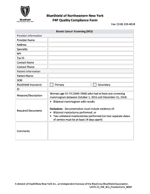 Fillable Online BlueShield of Northeastern New York P4P Quality ...