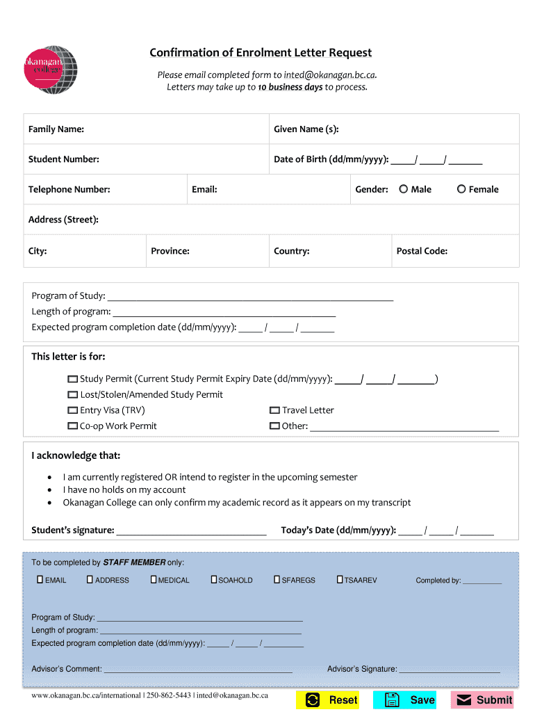 Fillable Online Confirmation of Enrolment Letter Request - okanagan.bc ...