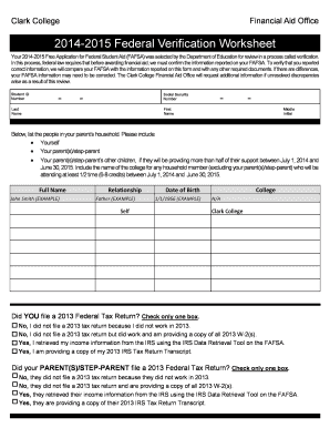 Fillable Online 2014 2015 Federal Verification Worksheet - Clark ...