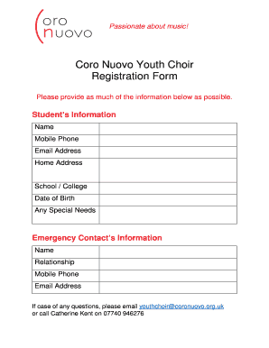 Fillable Online Coro Nuovo Youth Choir Registration Form Fax Email ...