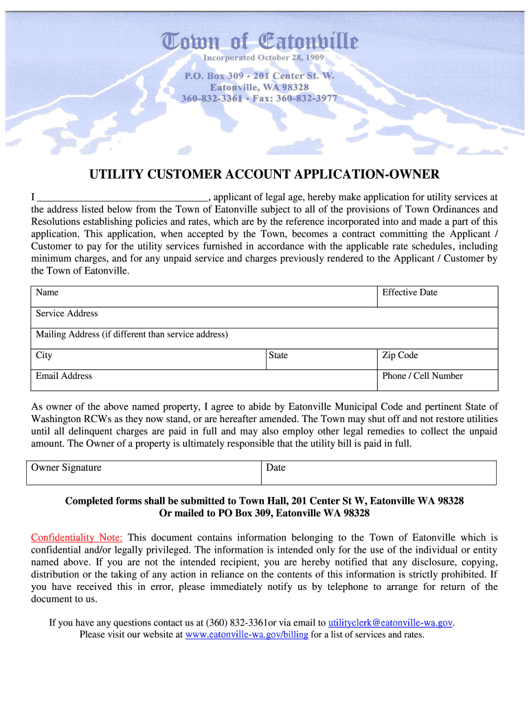 Fillable Online UTILITY CUSTOMER ACCOUNT APPLICATION-OWNER Fax Email ...