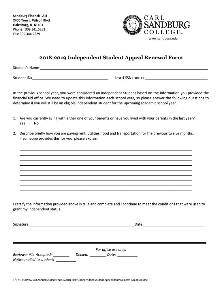 Fillable Online 2018-2019 Independent Student Appeal Renewal Form Fax ...
