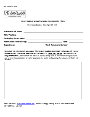 Fillable Online Nomination Form Meritorious Service Award & UND Proud ...